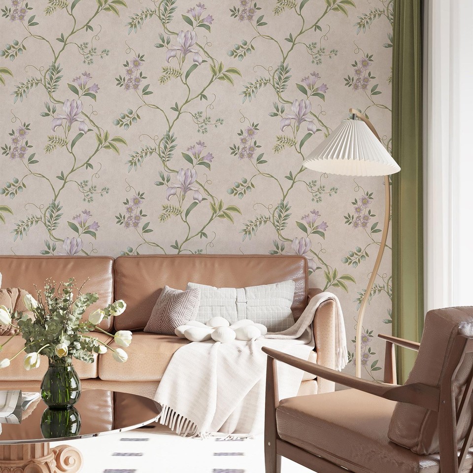 Mauve Dancing Iris Wallpaper Flower Rasch 100111 Gold Living Room Decor ...