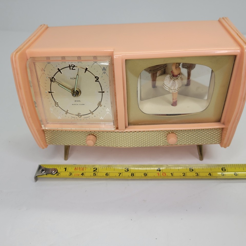 Vtg Florn German 1950's MCM Spinning Dancer Pink TV Music Box Clock ...