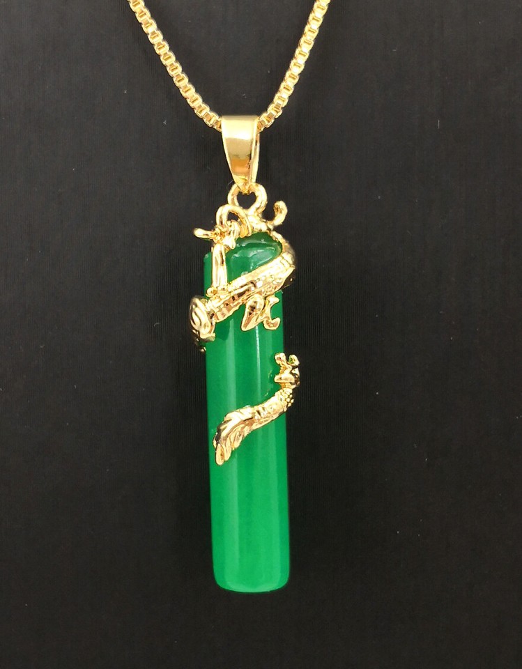 Light Green Aventurine Jade Dragon Coil Pillar Column 18KGP Pendant ...