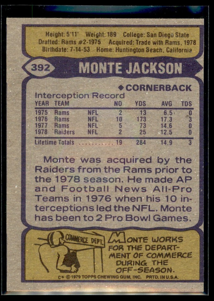 1979 Topps Monte Jackson Oakland Raiders #392 | eBay