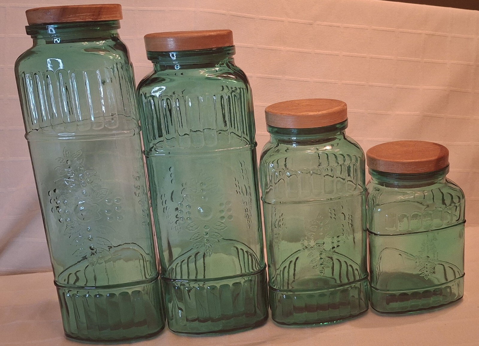 Vintage Teal/Green Embossed, Triangle Canister Set of 4 with Wood Tops ...