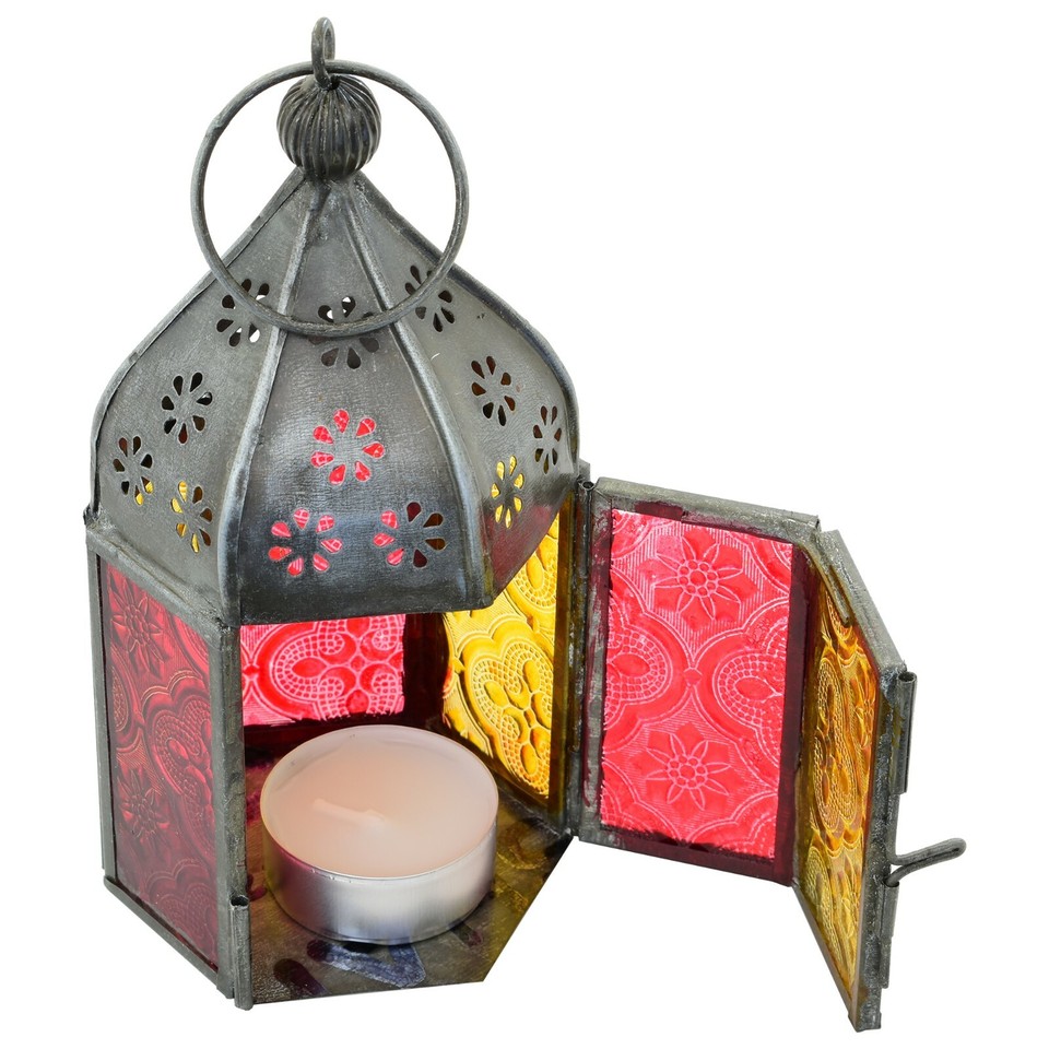 ⭐ Moroccan Style Indian Tonal Iron Glass Lantern Tea Light Holder Home ...