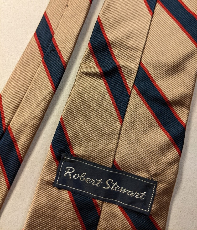 Robert Stewart Silk Repp Striped Tie, Champagne Gold w Navy & Red ...