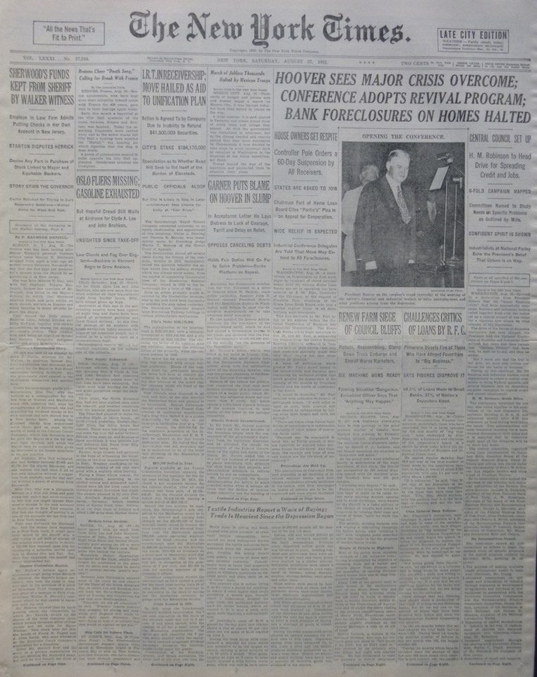 8-1932 August 27 OSLO FLIERS MISSING GASOLINE EXHAUSTED. HOOVER ERIS ...