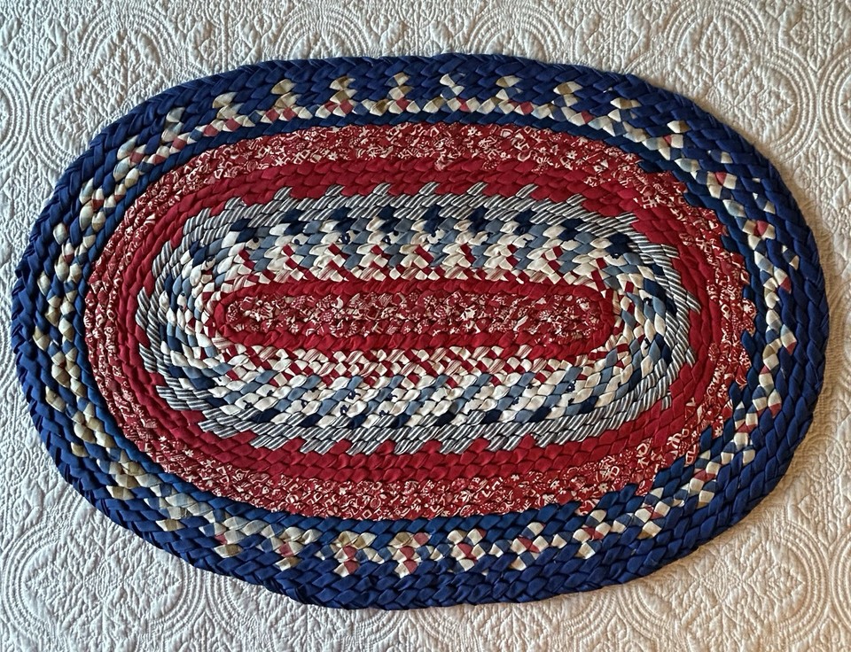 Vintage Hand Braided Rug 27x40 Oval Fairly Heavy Red White Blue | eBay