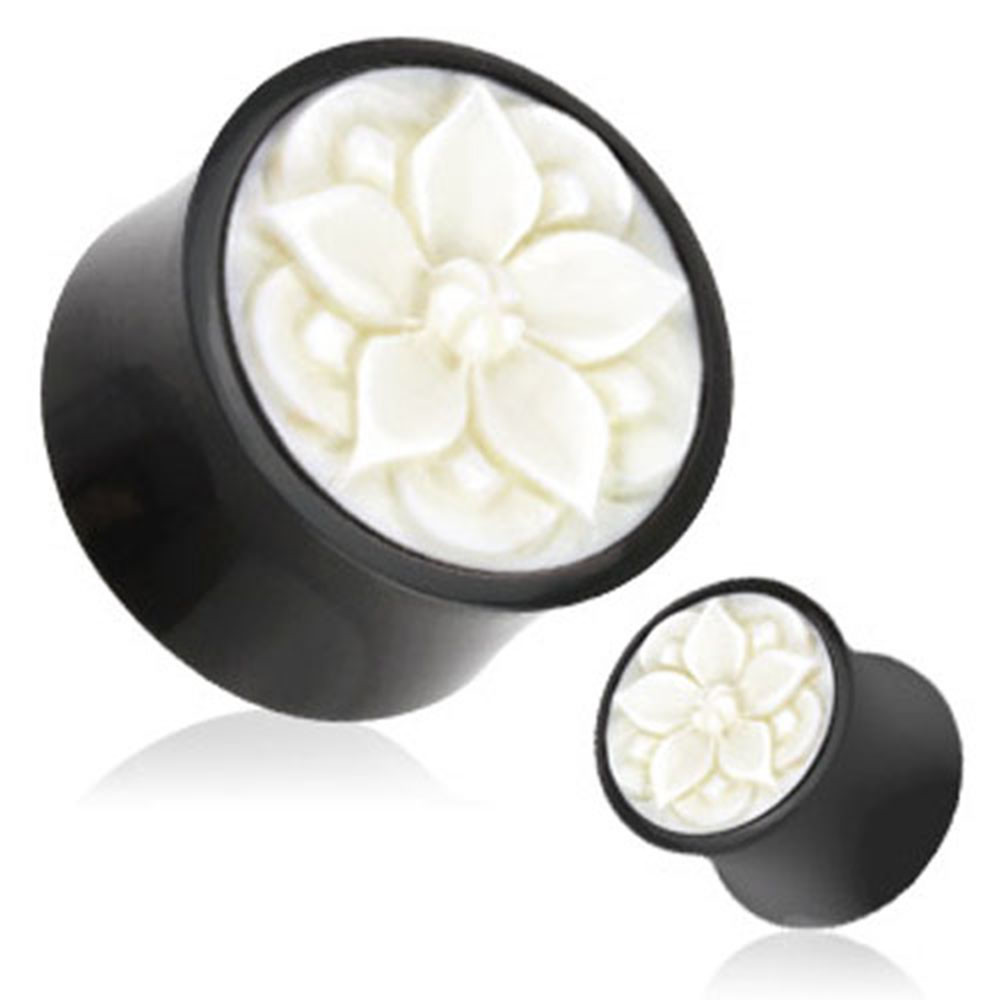 Pair of Organic Buffalo Horn Plug w/ White Hand Carved Bone Flower ...