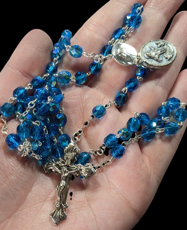 Catholic Blue Crystal Glass Beaded Rosary With Silver Crucifix & Virgin ...