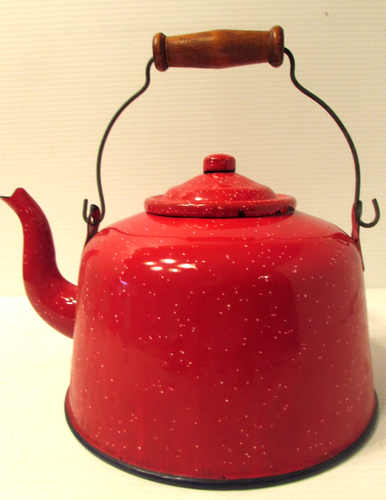 Vintage Red Speckled Graniteware Enamelware Teapot Tea Kettle Primitive ...