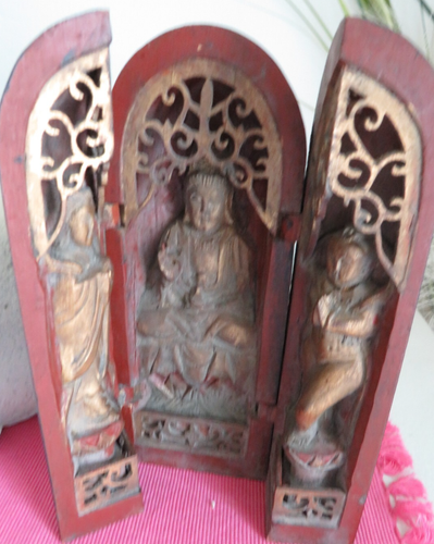 ANTIQUE ASIAN CARVED WOOD-3 SECTION-ALTER TRIPTYCH- BUDDHA AND ...