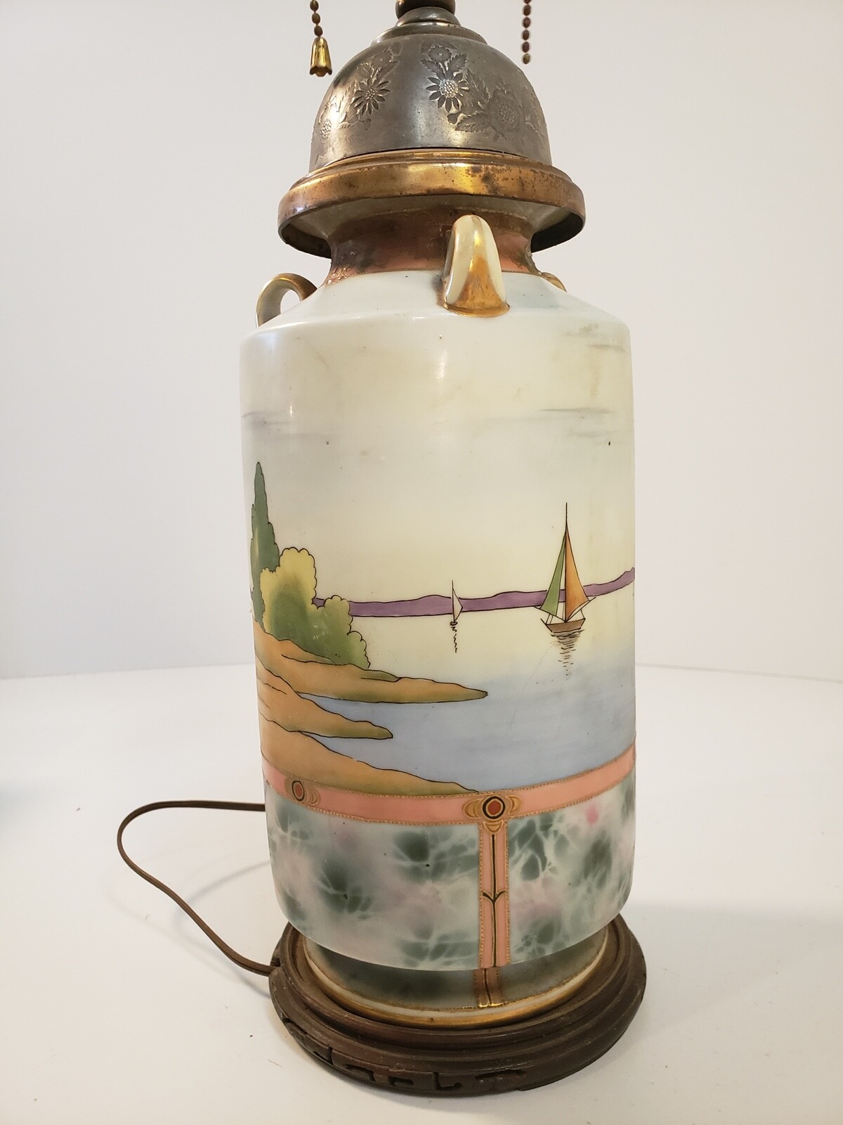 Art Deco Boat Scene Early 20th Century Converted Pewter Lamp Porcelain ...