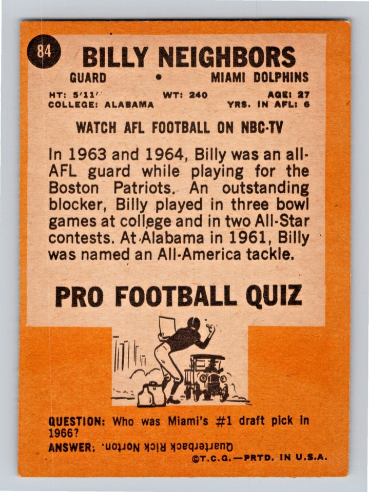 1967 Topps Football Card #84-Billy Neighbors- Miami Dolphins (B) | eBay