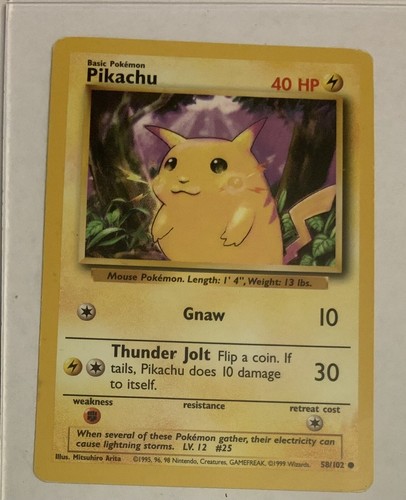 Pikachu Yellow Cheeks 1999 Base Set 1st Generation Pokemon Card Rare 58 ...