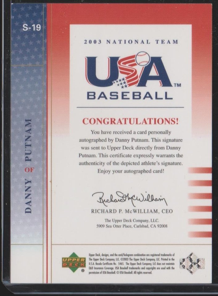 Danny Putnam 2003 UD USA Baseball Team USA Signatures Autograph 120/250 ...