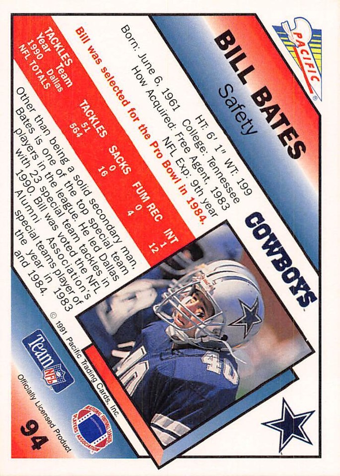 Bill Bates 1991 Pacific 94 Dallas Cowboys Football Card | eBay