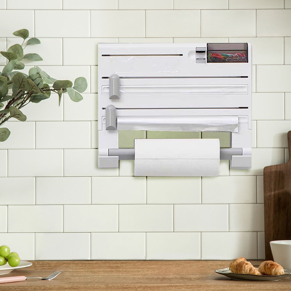 3 in 1 Kitchen Roll Dispenser Wall-Mounted Paper Holder Rack Cling Film ...