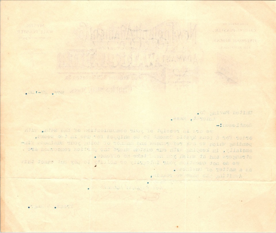 New England Adamant Charlestown MA 1906 Billhead Wall Plaster Cement ...