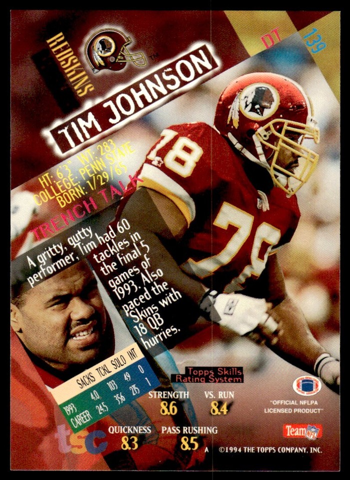 1994 STADIUM CLUB SUPER BOWL XXIX TIM JOHNSON WASHINGTON REDSKINS #139 ...
