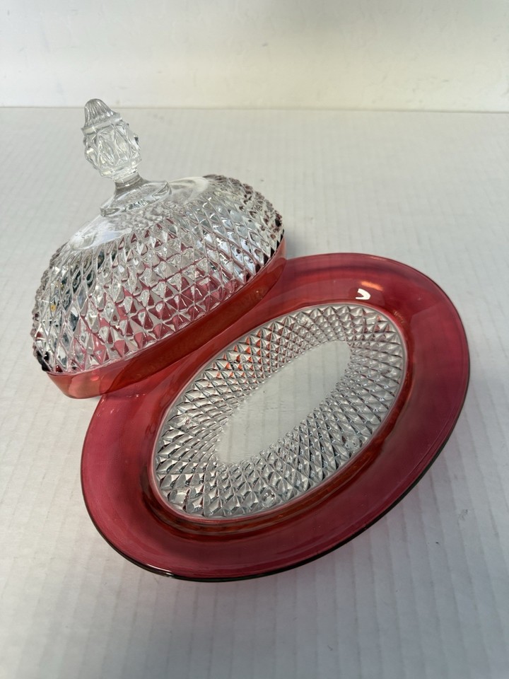 Vintage Indiana Glass Ruby Flash Diamond Point Oval Covered Butter Dish ...