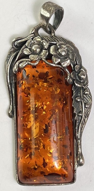 Antique Huge Floral Rectangle Amber & 925 STERLING SI… - Gem