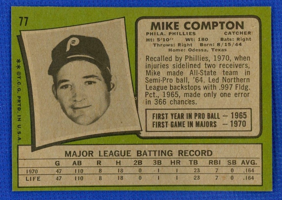 1971 Topps Baseball # 77 Mike Compton RC Rookie Philadelphia Phillies ...