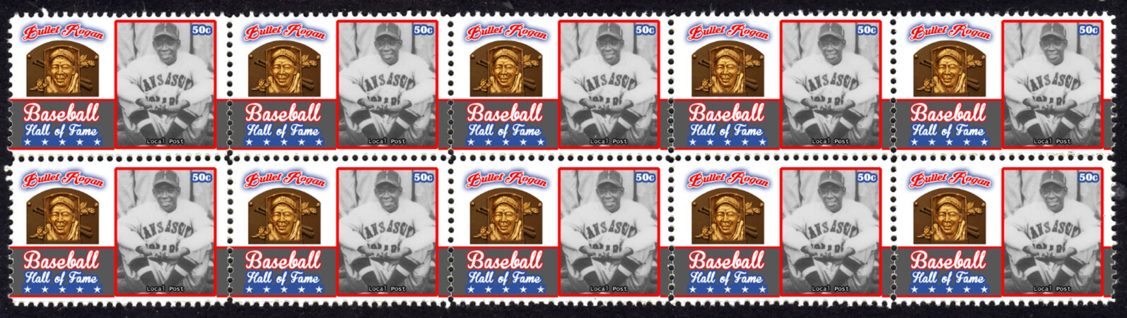 BULLET ROGAN BASEBALL GREAT HALL OF FAME INDUCTEE STRIP OF 10 MINT ...