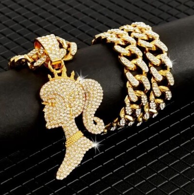 Large Iced 14K Gold Plated Nicki Minaj Barbie Portrait Pendant + Cuban ...