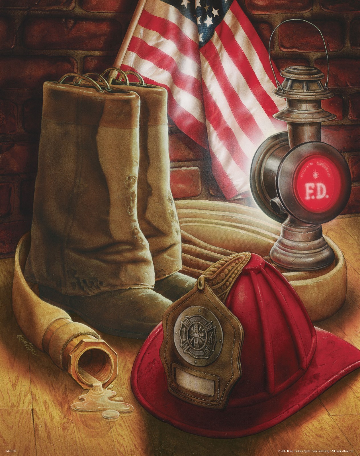 Firefighting Poster Art Print Shining Bright Antique Hemet Gear Badges ...