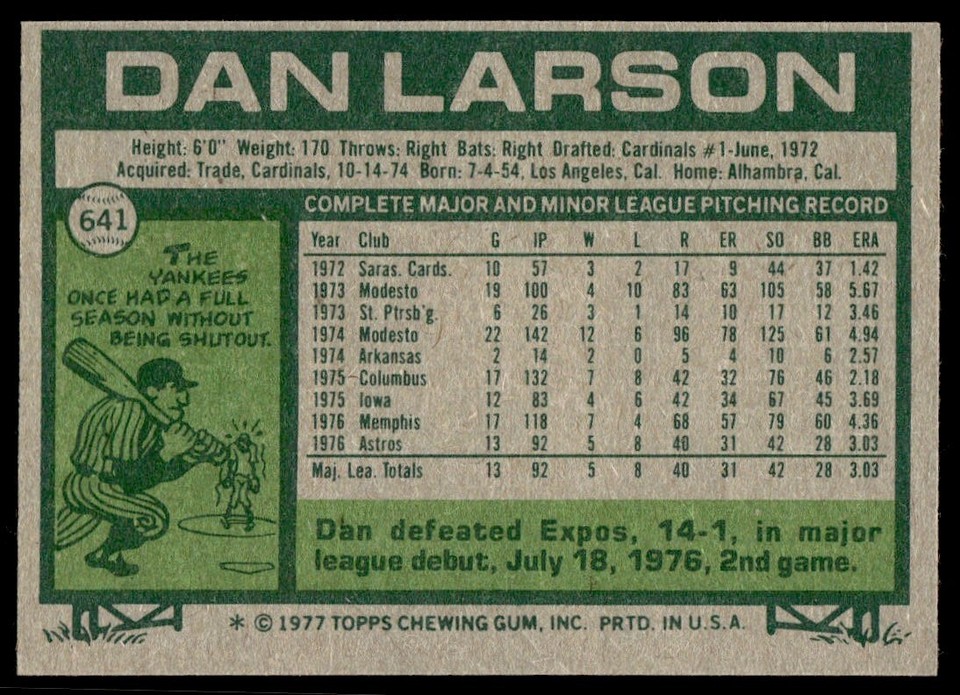 1977 Topps Dan Larson Rookie Houston Astros #641 | eBay