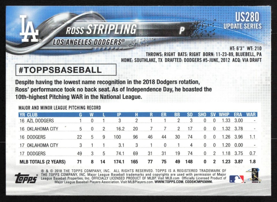 2018 Topps Update Rainbow Foil Ross Stripling #US280 Los Angeles ...