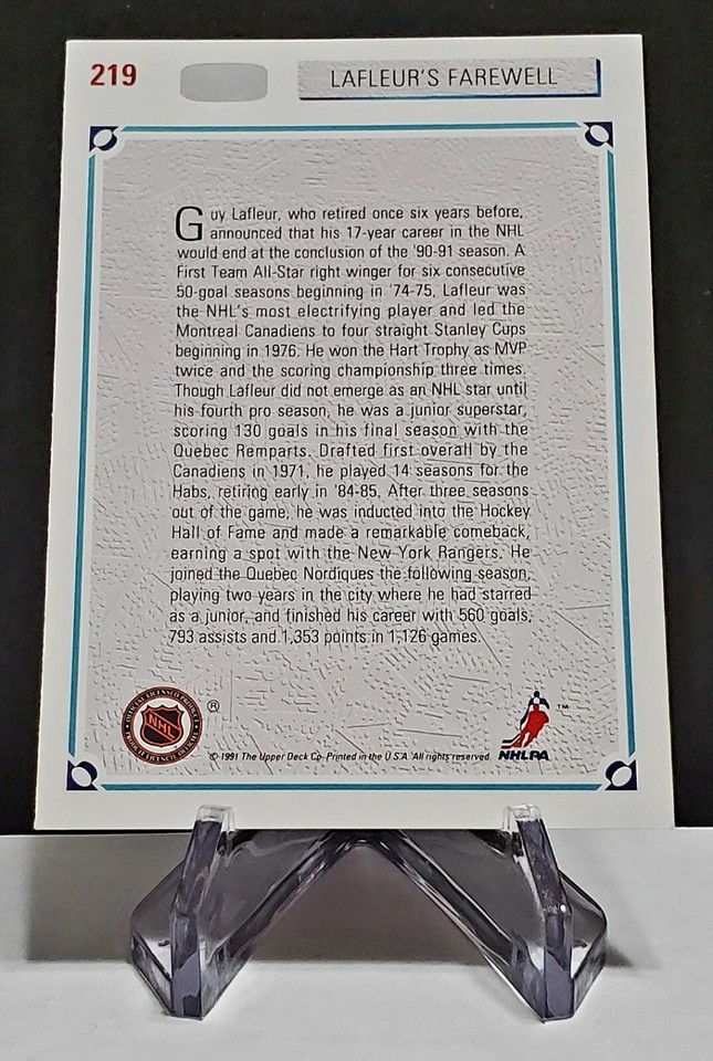 Guy Lafleur Upper Deck 1991-92 #219 Lafleur's Farewell Quebec Nordiques ...
