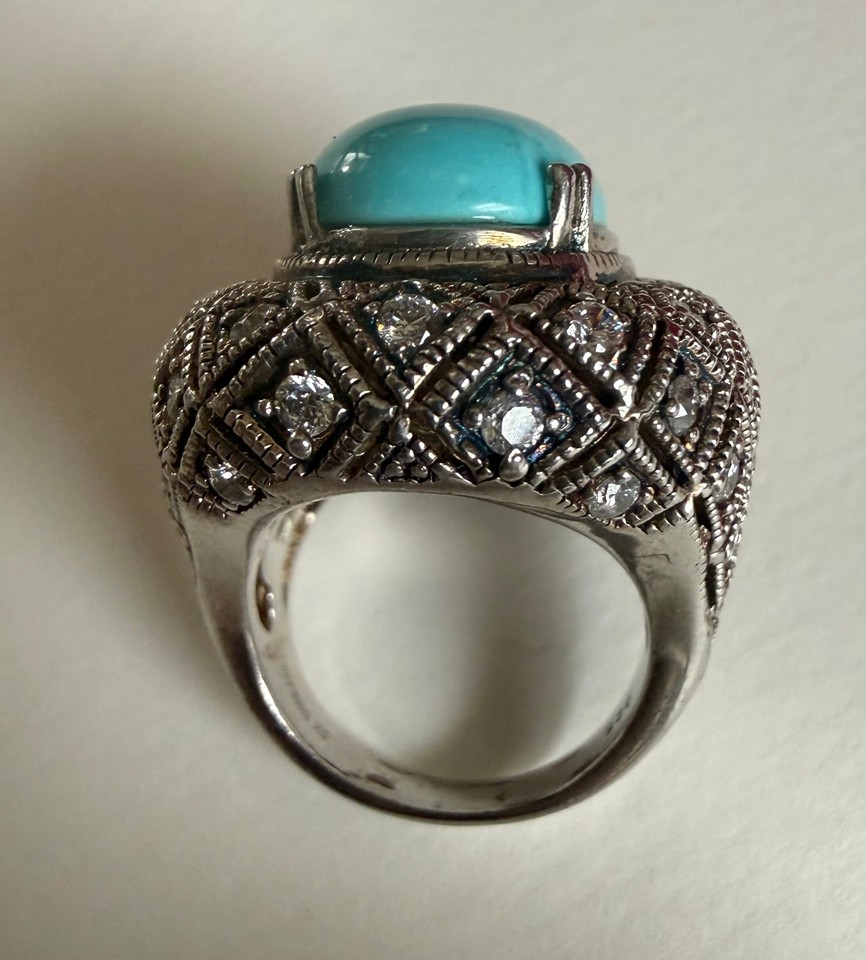 Fancy Large Cocktail Ring 925 Silver with Faux Turquoise and CZ Size 7 ...