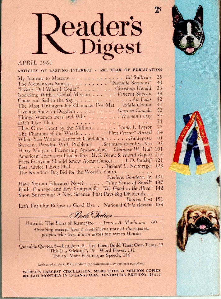 Reader's Digest - April 1960 - Dalai Lama, Will Rogers + Eddie Cantor ...
