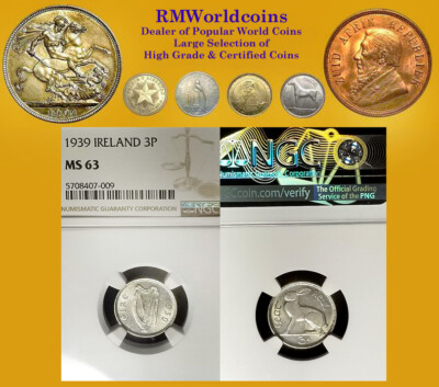 Ireland 1939 3 Pence, Rare Key Date, NGC 63 PQ Sharp Detail Luste ...