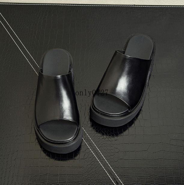 Real Leather Platform Slippers Men's Open Toe Casual Slip On Block Heel ...
