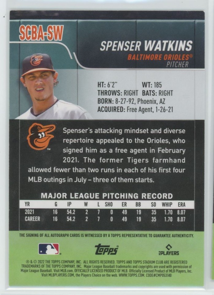 2022 Topps Stadium Club Autograph Spenser Watkins RC Auto Baltimore ...