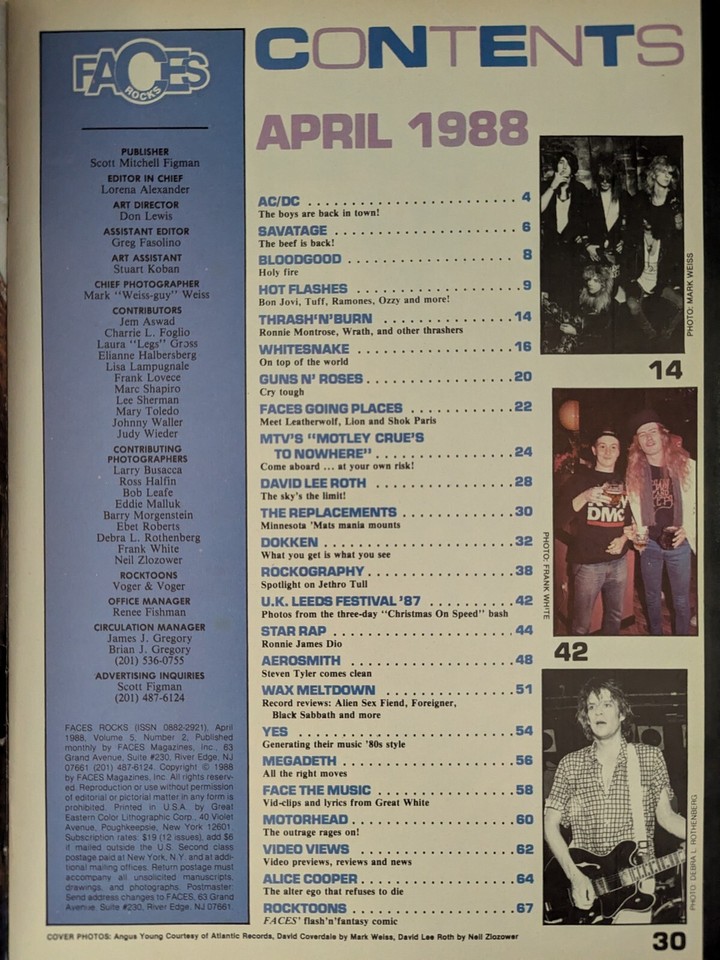 Faces Rocks Magazine April 1988. AC/DC, David Lee Roth, Bloodgood ...