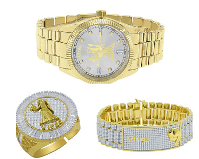 Virgo Zodiac Sign 14K Gold Finish Watch + Bracelet + Round Ring Combo ...