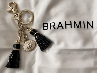 Brahmin BLACK Twin Tassel/Keyring Charm Melbourne Croc Embossed Leather ...