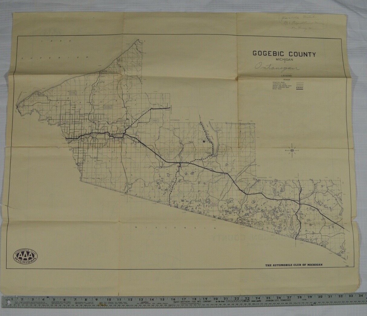 Vintage Gogebic Ontonagon County Michigan AAA Automobile Club Map Road ...