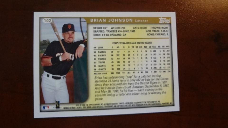 1999 TOPPS # 102 BRIAN JOHNSON BASEBALL CARD | eBay