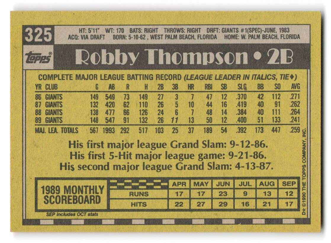 Robby Thompson 1990 Topps BASEBALL #325 San Francisco Giants # | eBay