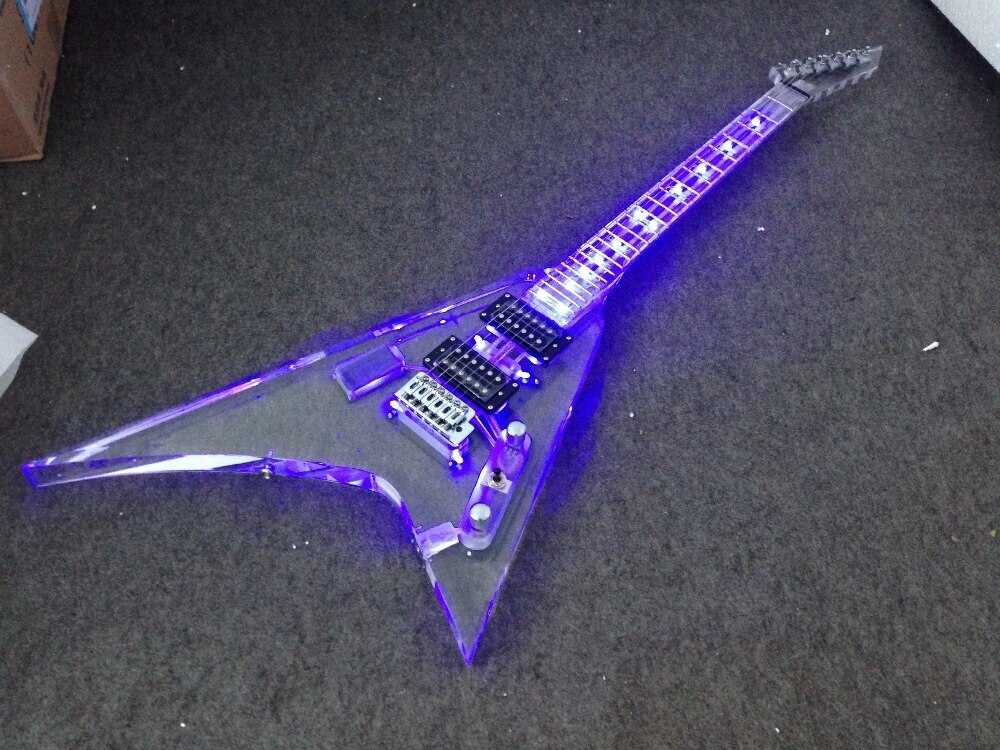 Popular Crystal Blue Led Light V Shape Electric Guitar Full Acrylic ...
