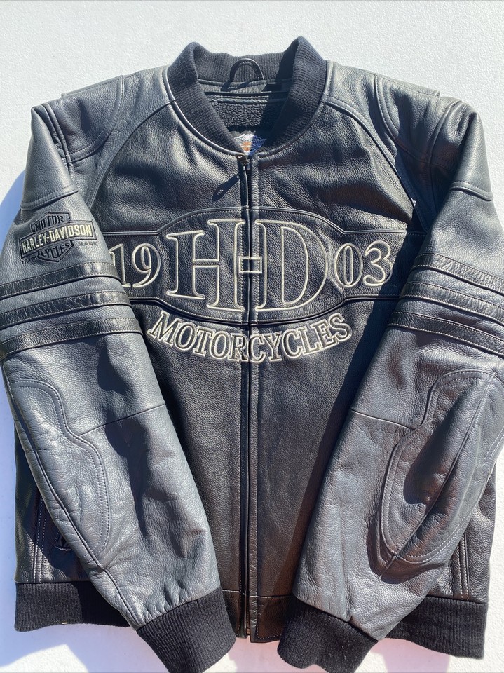 Harley Davidson Men CYLINDER Black Leather Jacket Gray Large Bomber ...