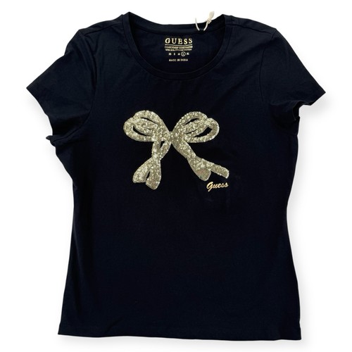 Guess Eco Rowe Tee Shirt Womens Large Black Gold Sequin Bow Logo NWT | eBay