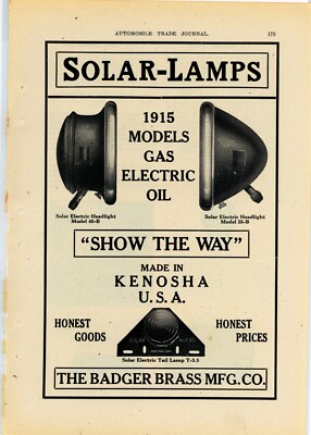 1915 Badger Brass Co. Ad: Solar-Lamps for Automobiles - Kenosha ...