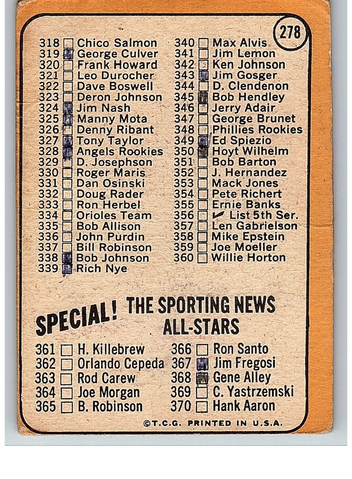 1968 Topps Baseball Card Single - #278 Checklist Left Copyright Orlando ...