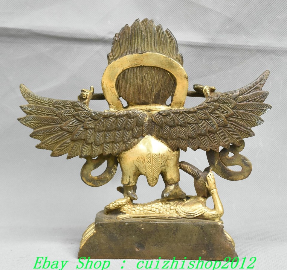 8" Old Tibet Buddhism Bronze Gilt Redpoll Winged Garuda Bird Eagle ...