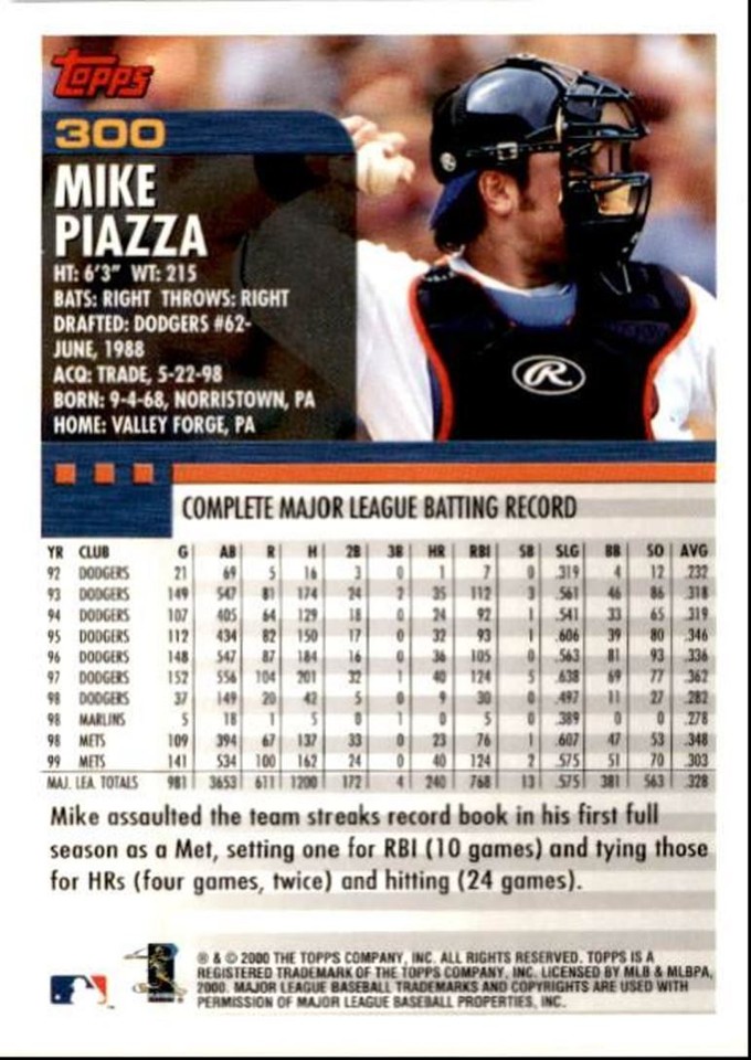 2000 Topps Basbeall Card Mike Piazza New York Mets #300 | eBay