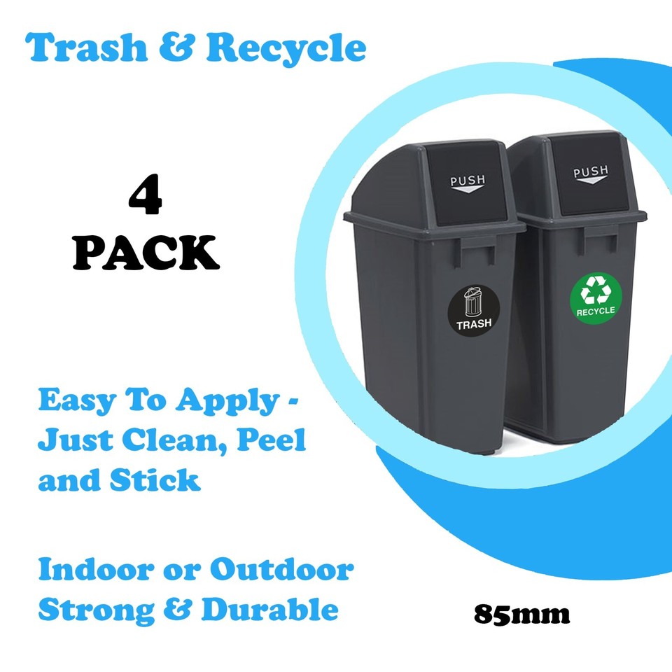 4-Pack Premium Weatherproof Trash & Recycle Bin Vinyl Stickers - 85mm ...