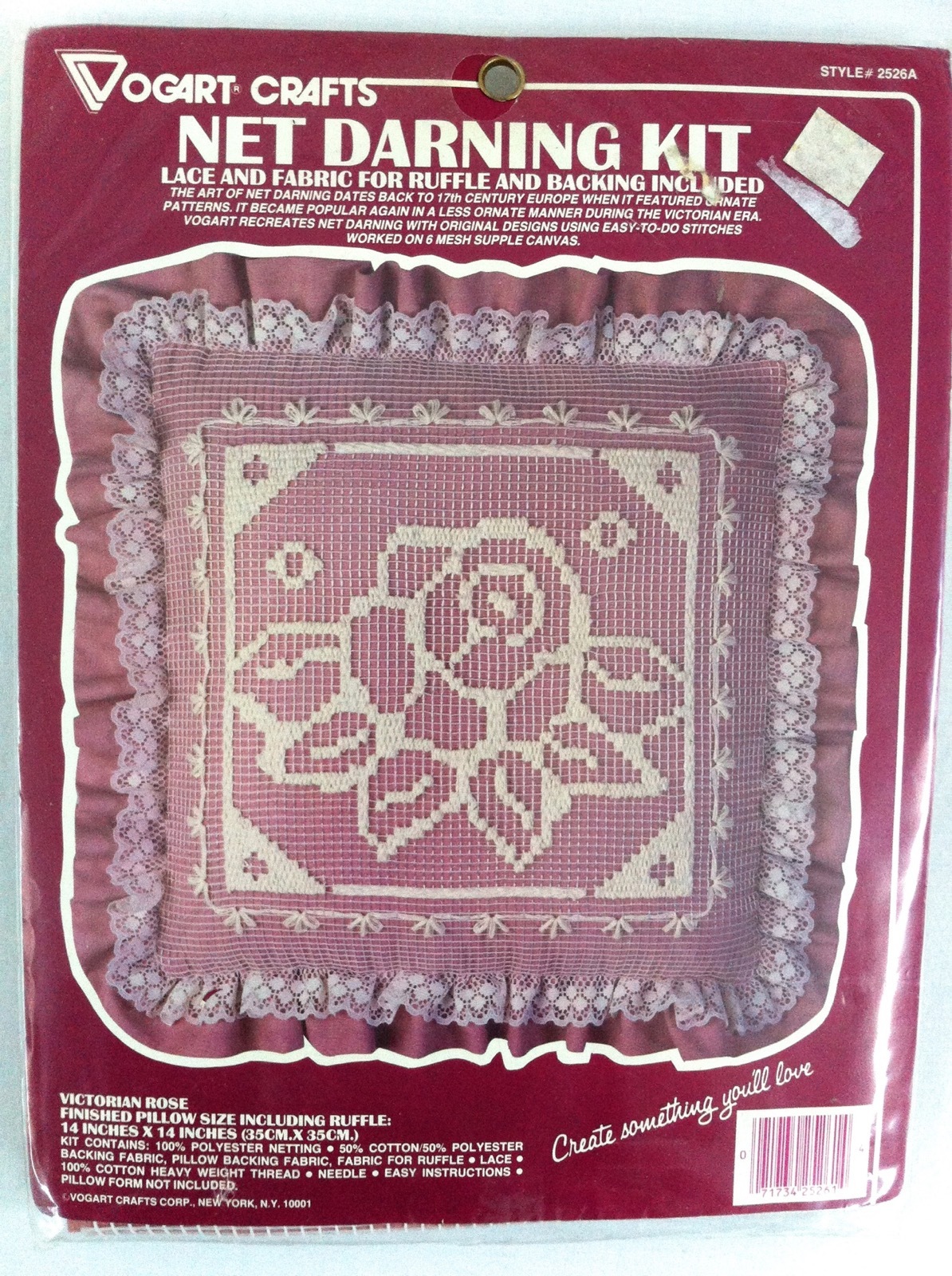 Victorian Rose Lace Net Darning 14in Ruffle Pillow Kit Sealed Vogart ...